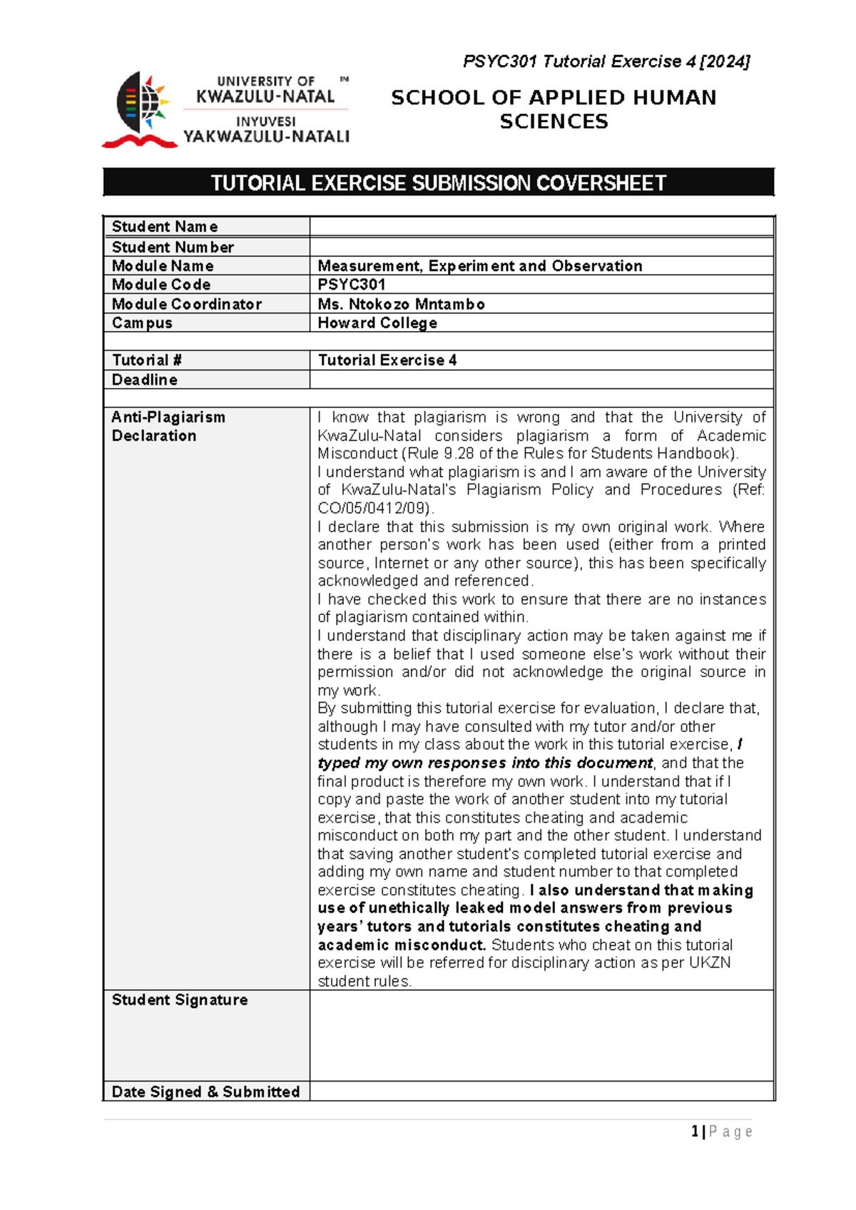 PSYC301 Tutorial Exercise 4 2024 - SCHOOL OF APPLIED HUMAN SCIENCES ...