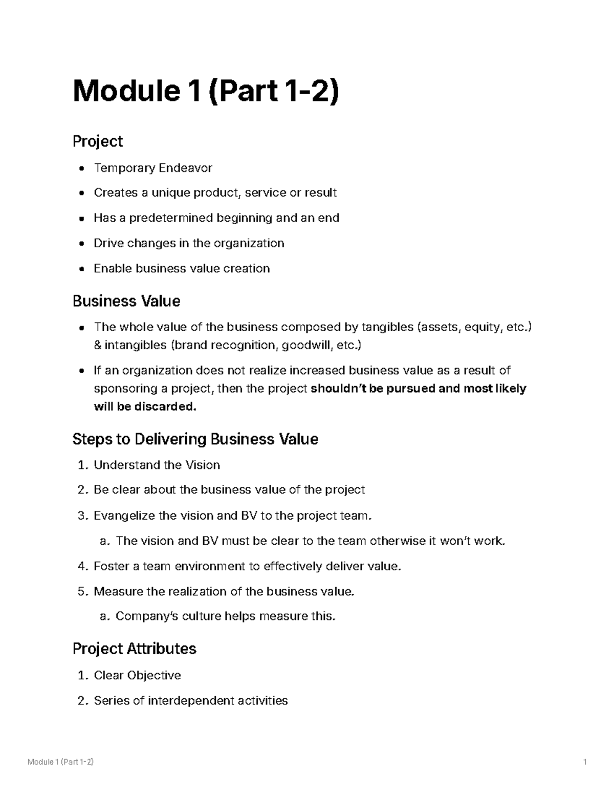 Module 1 (Part 1-2) Notes for First Exam - Project Management Insights ...