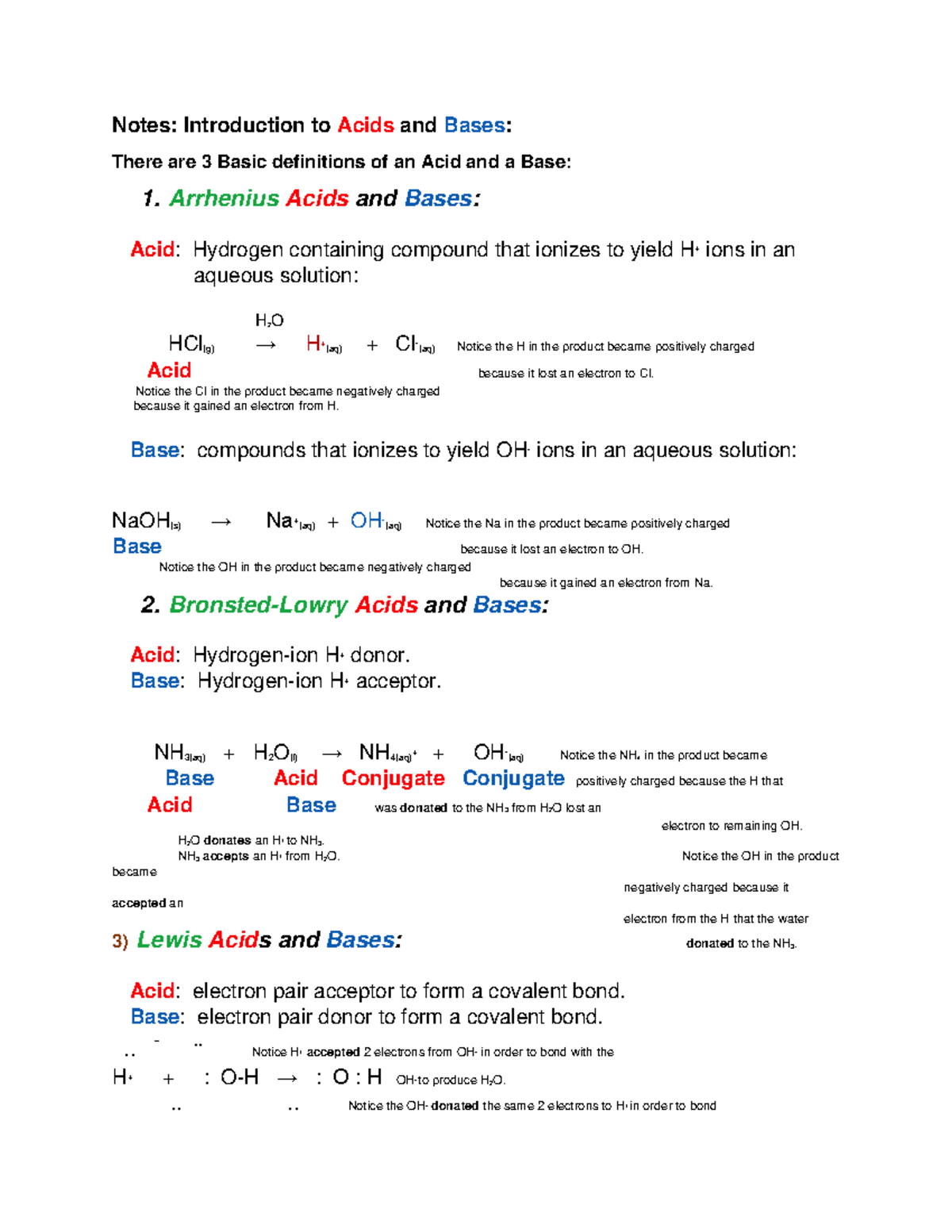 Introduction to Acids and Bases - Notes: Introduction to Acids and ...