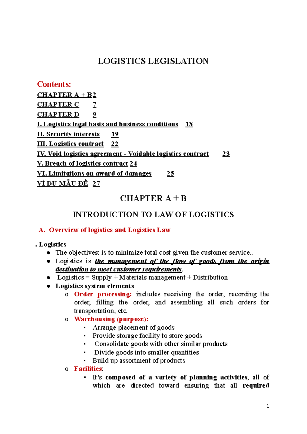 LOGISTICS LAW EXAM NOTES (LOG 101): CONTRACTS & DISPUTE RESOLUTION ...