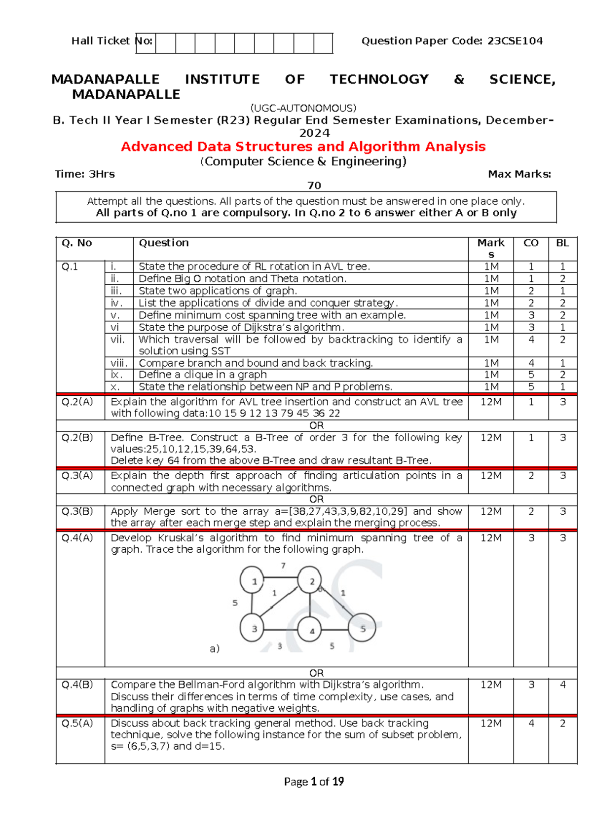 Final Exam: Advanced Data Structures & Algorithm Analysis (23CSE104 ...