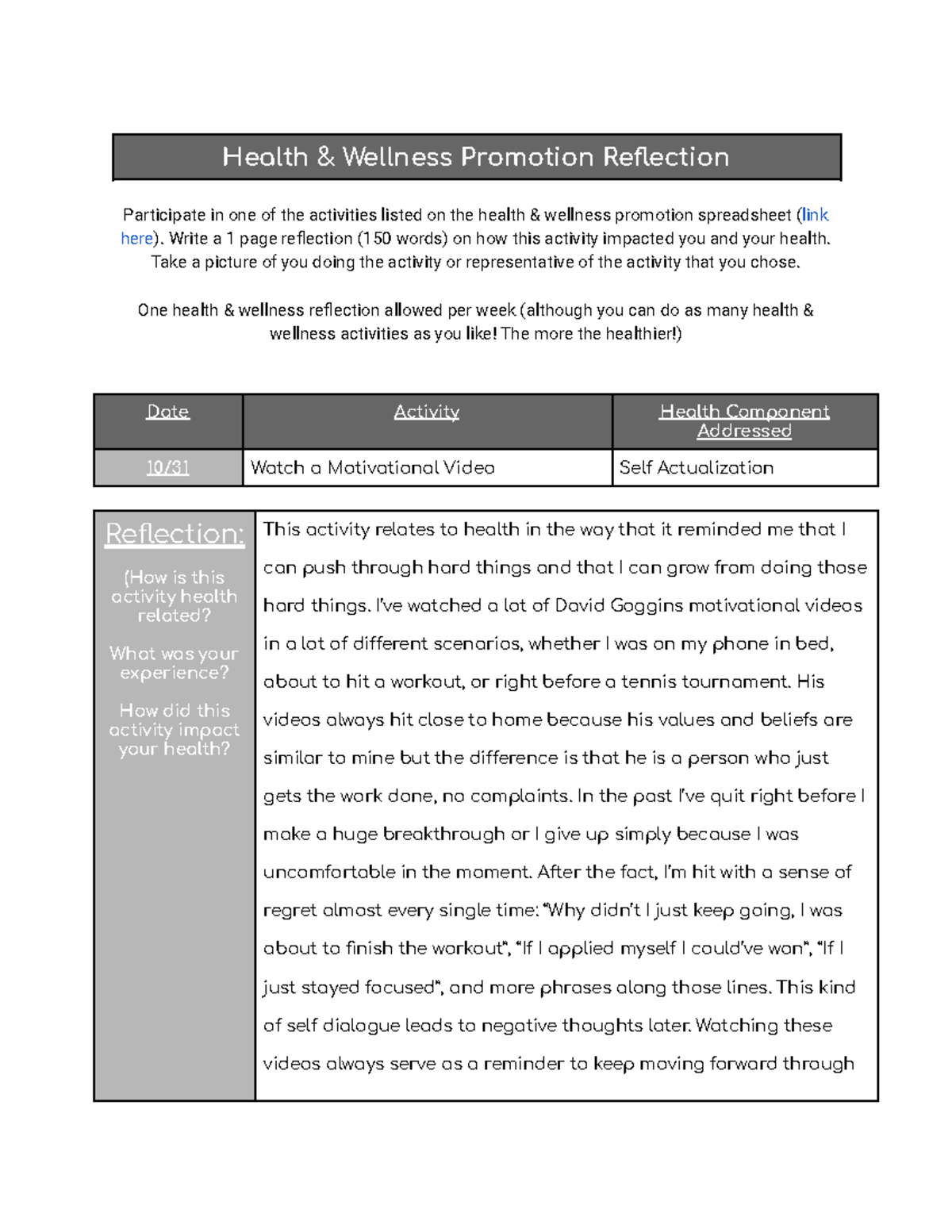 Copy of Health & Wellness Promotion Reflection - Health & Wellness ...