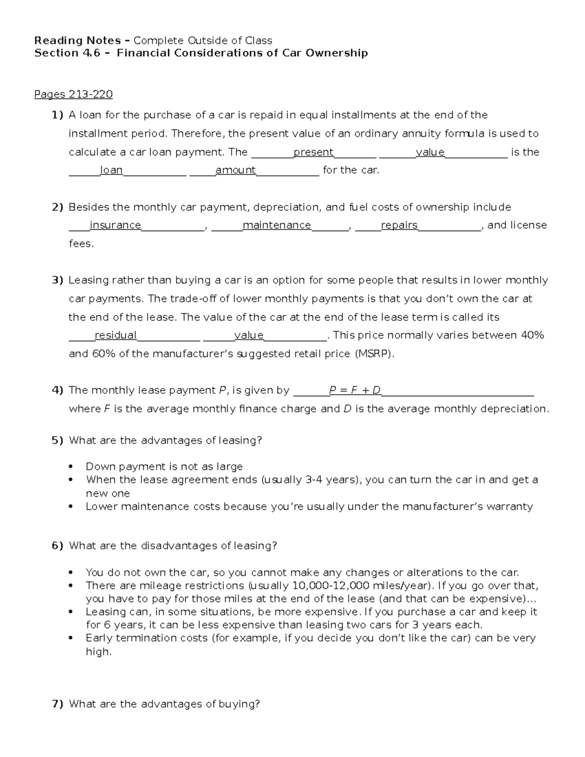 Chapter 4.6 - Financial Considerations of Car Ownership Math Notes ...