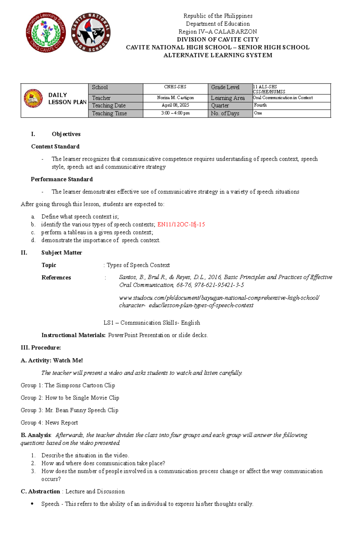 Lesson Plan: Oral Communication in Context (Grade 11) - Studocu