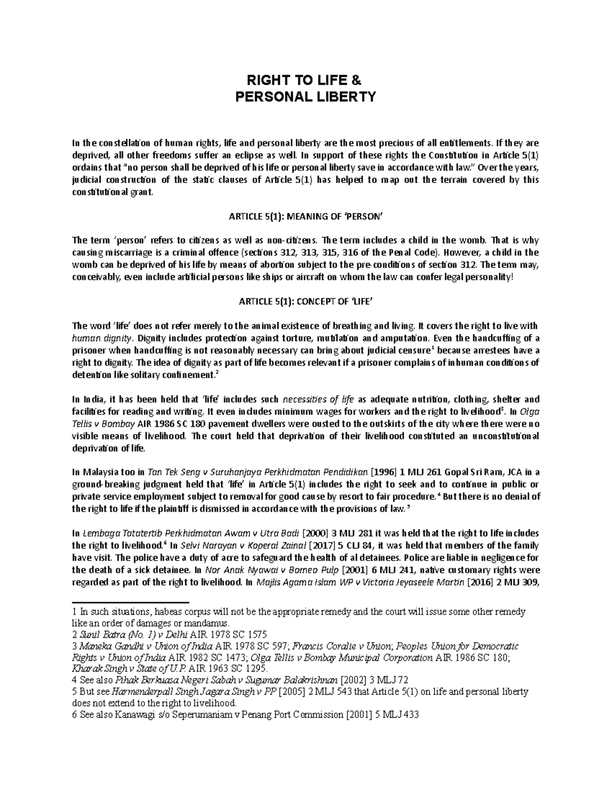 Right to Life & Personal Liberty - Class Version - Studocu