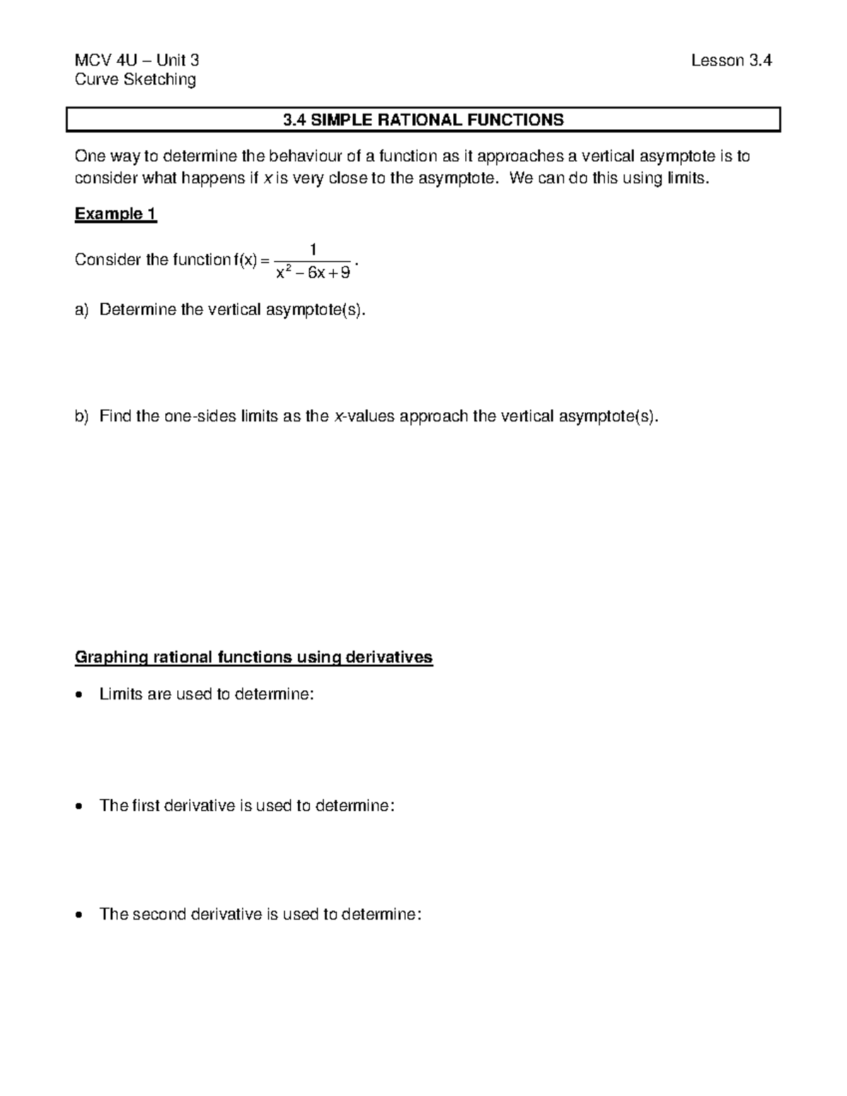 MCV 4U Unit 3 Curve Sketching: Simple Rational Functions - Studocu