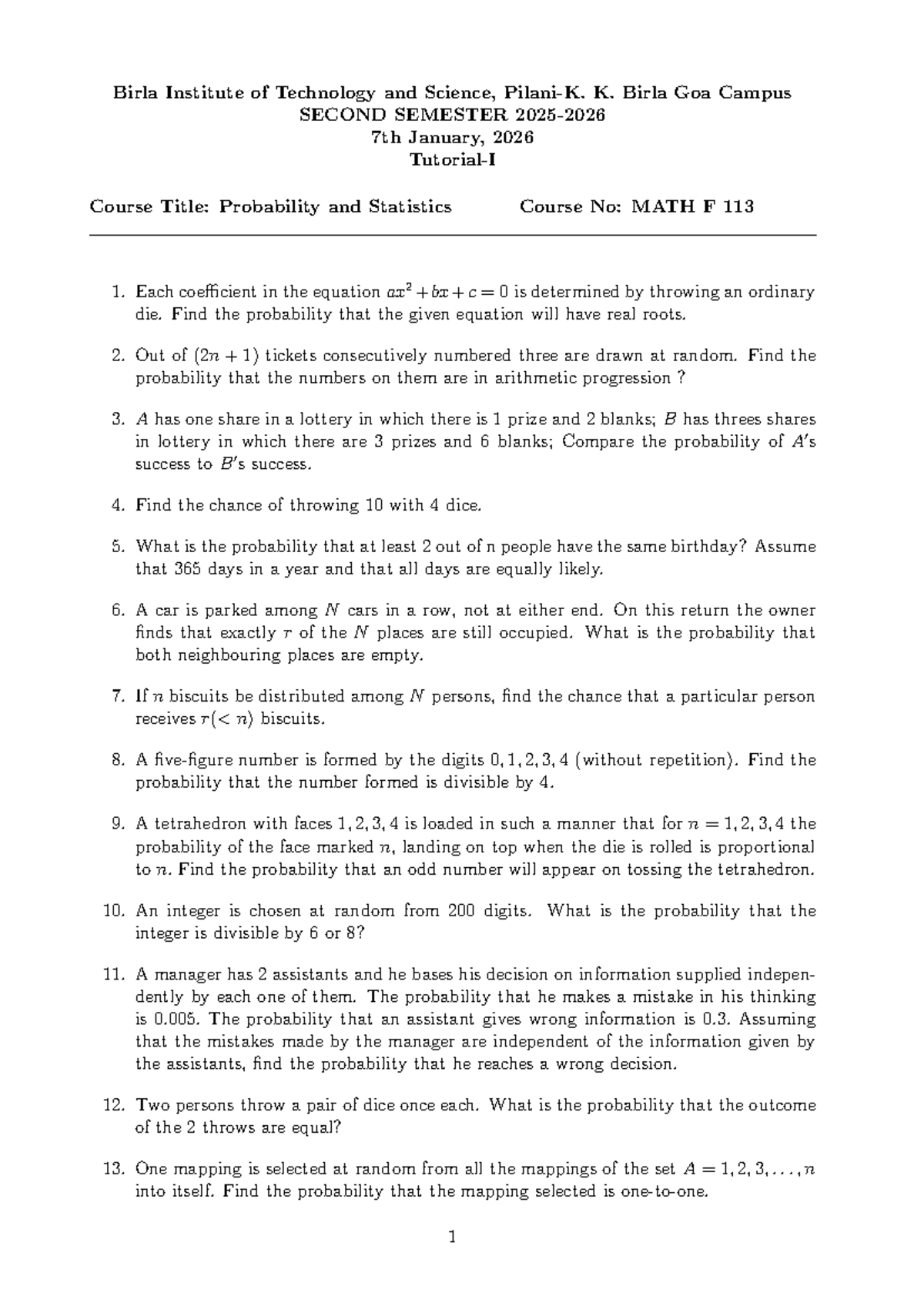 MATH F 113: Probability and Statistics Tutorial 1 Assignment 2026 - Studocu