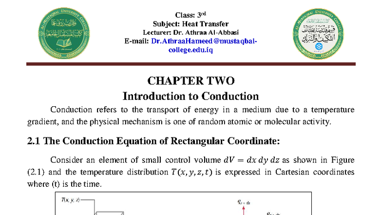 Heat Transfer (MUCL 3rd Class) - Chapter 2: Introduction to Conduction ...
