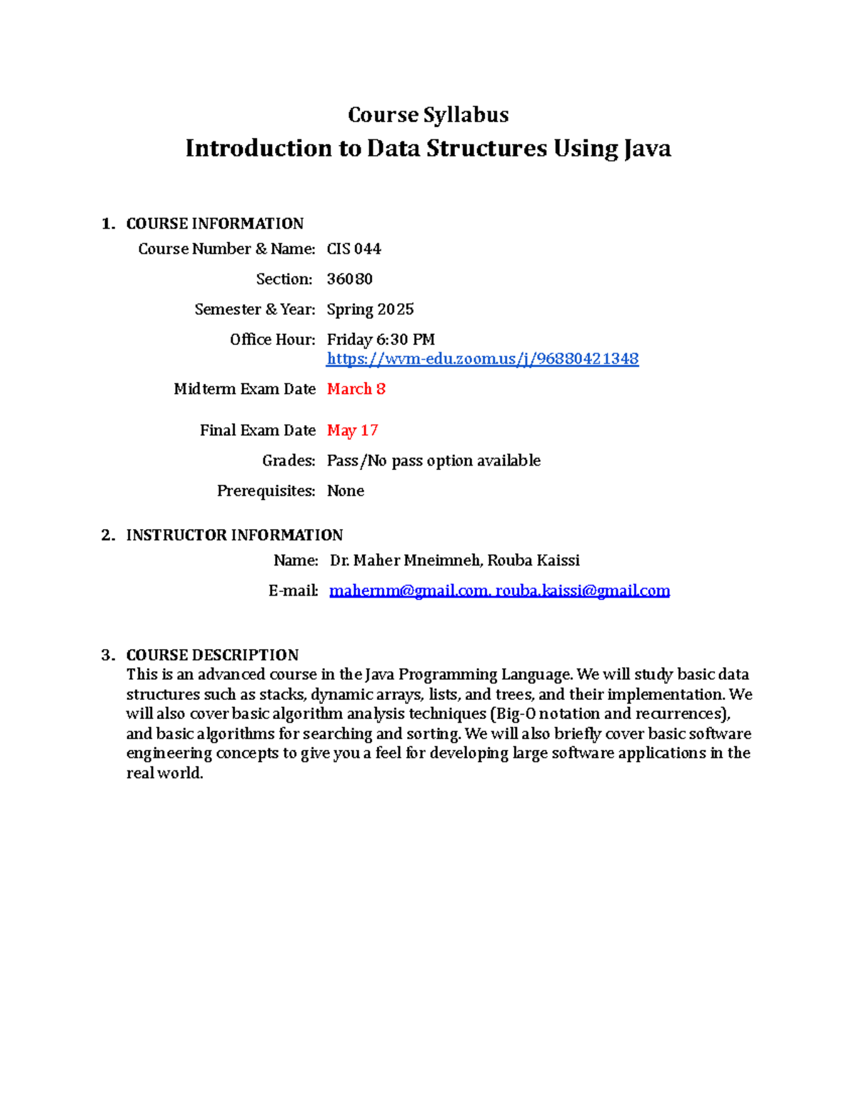 Syllabus for CIS 044: Data Structures Using Java - Spring 2025 - Studocu