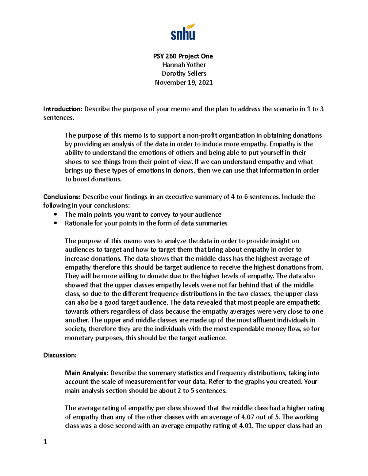 PSY260 Project One: Analyzing Empathy to Increase Donations - Studocu