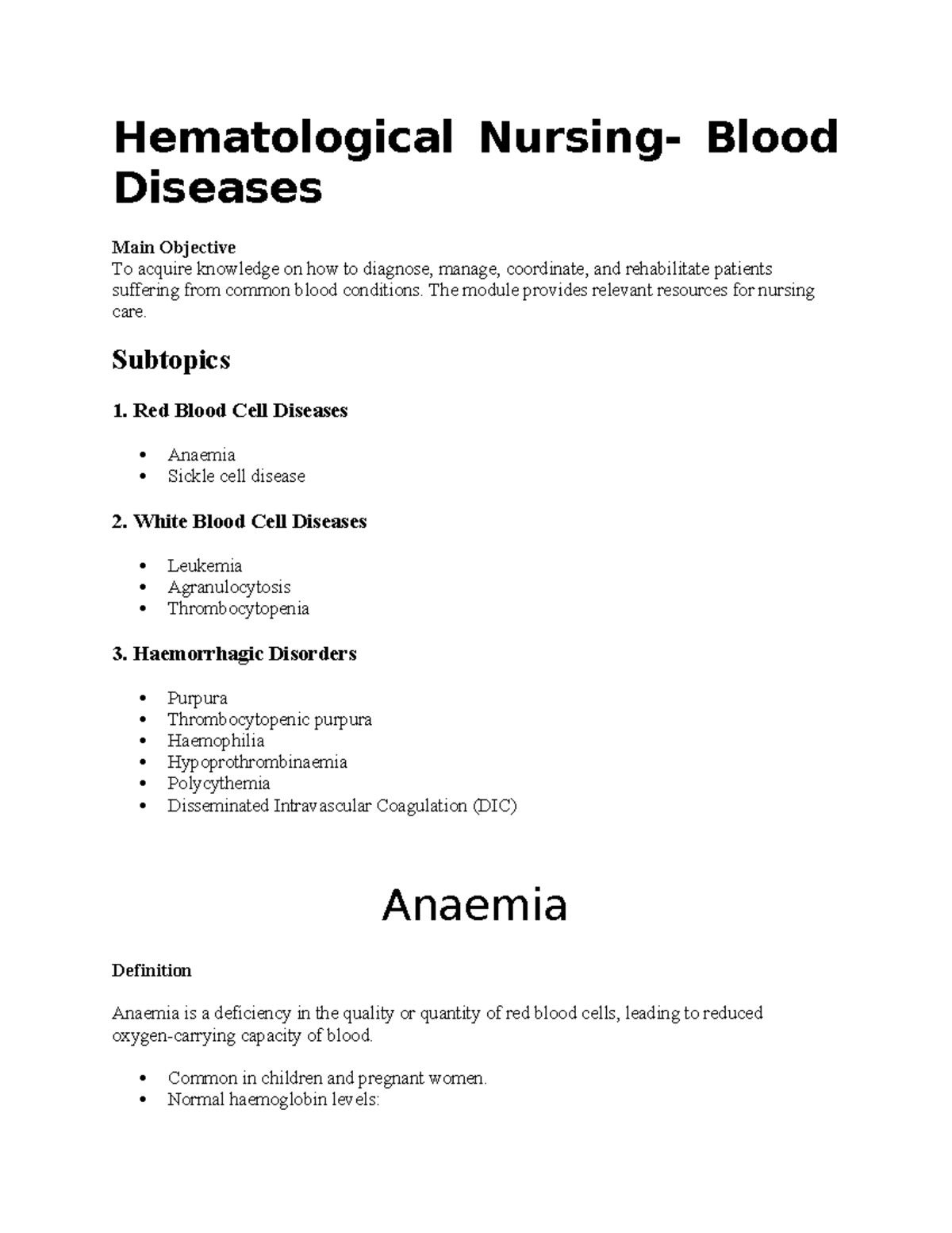 Hematological Disorders Overview and Nursing Management (HAEM 2025) - Studocu