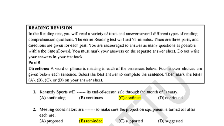 Revision - Reading Test Keys (P5) - Studocu