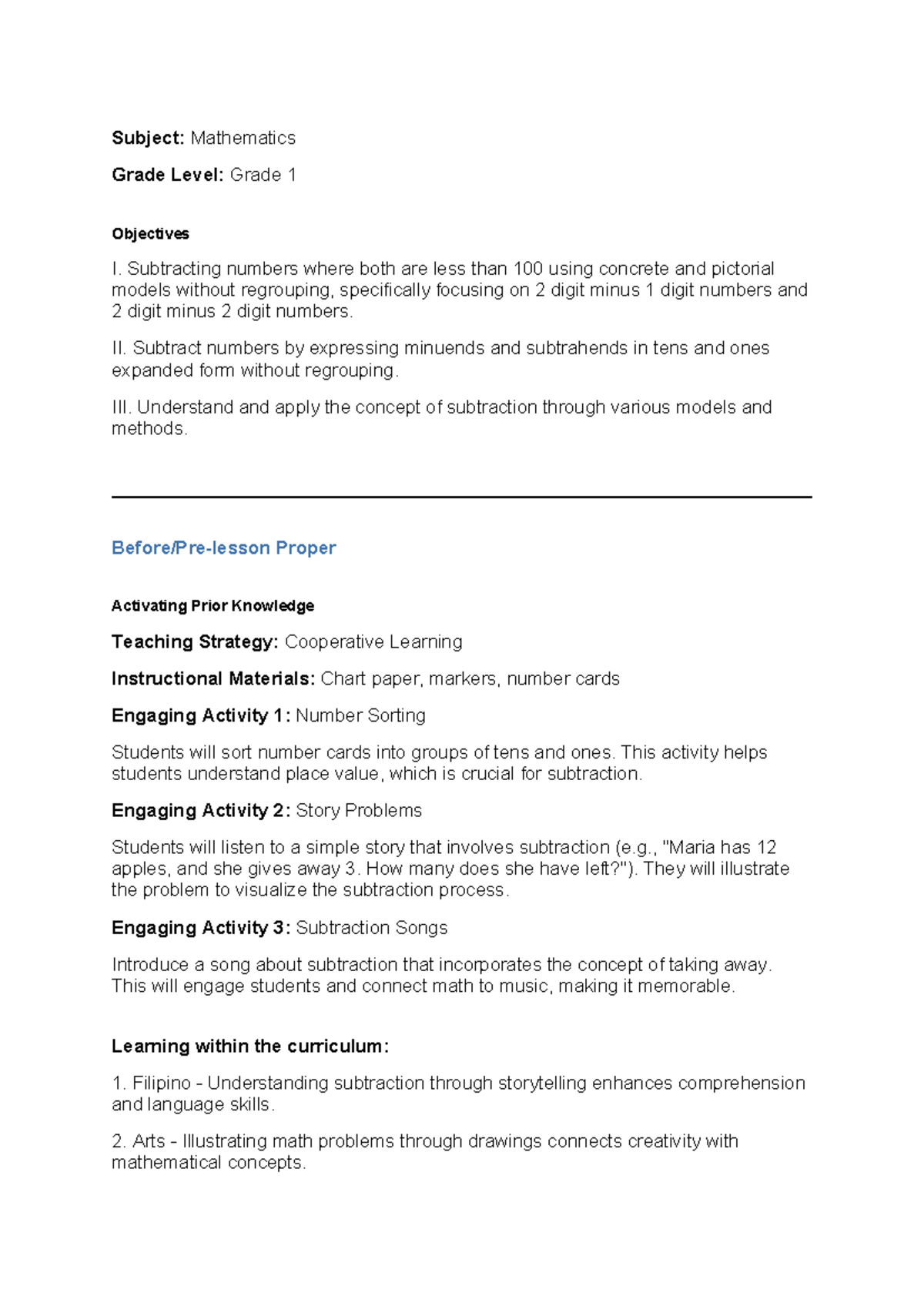 Lesson Plan: Subtraction Strategies for Grade 1 Math (MATH101) - Studocu
