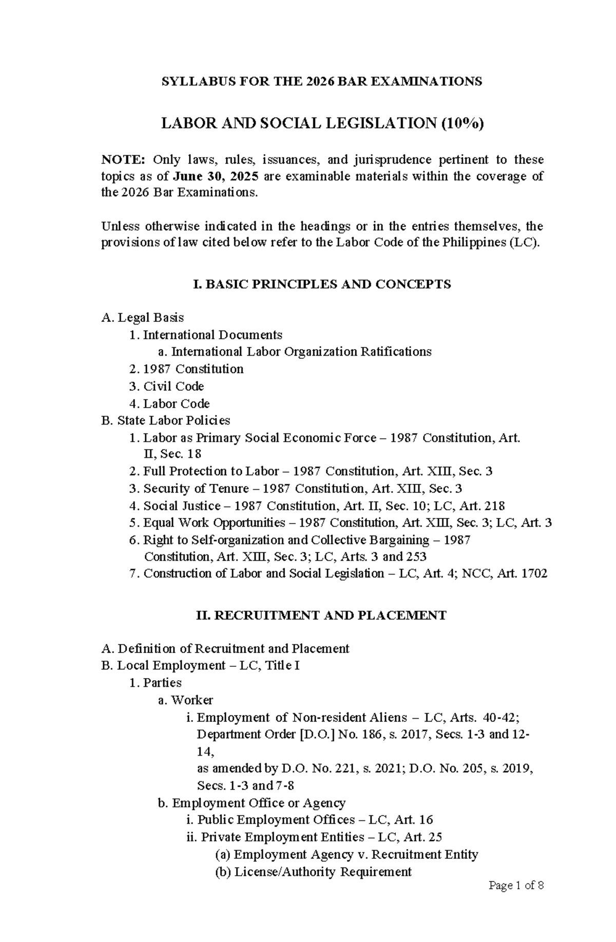 2026 Bar Exam Syllabus: Labor and Social Legislation Overview - Studocu