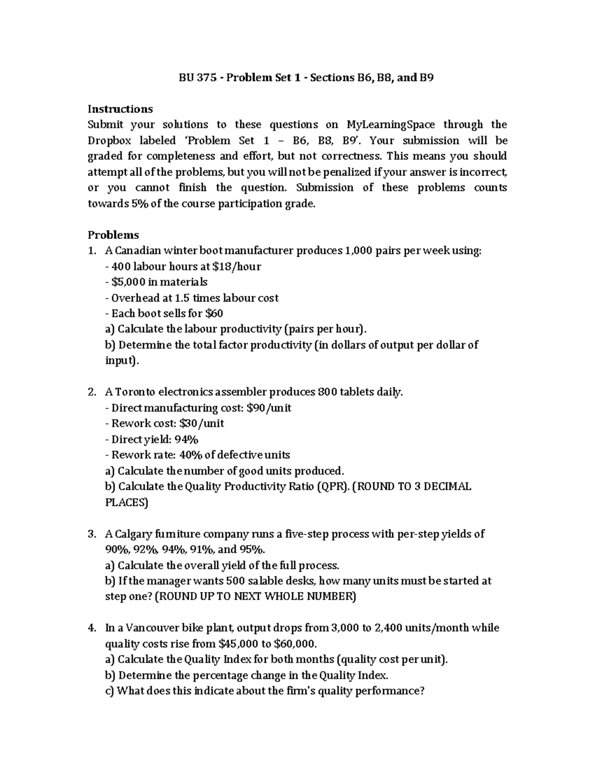 BU 375 Problem Set 1: Productivity and Quality Analysis Questions - Studocu