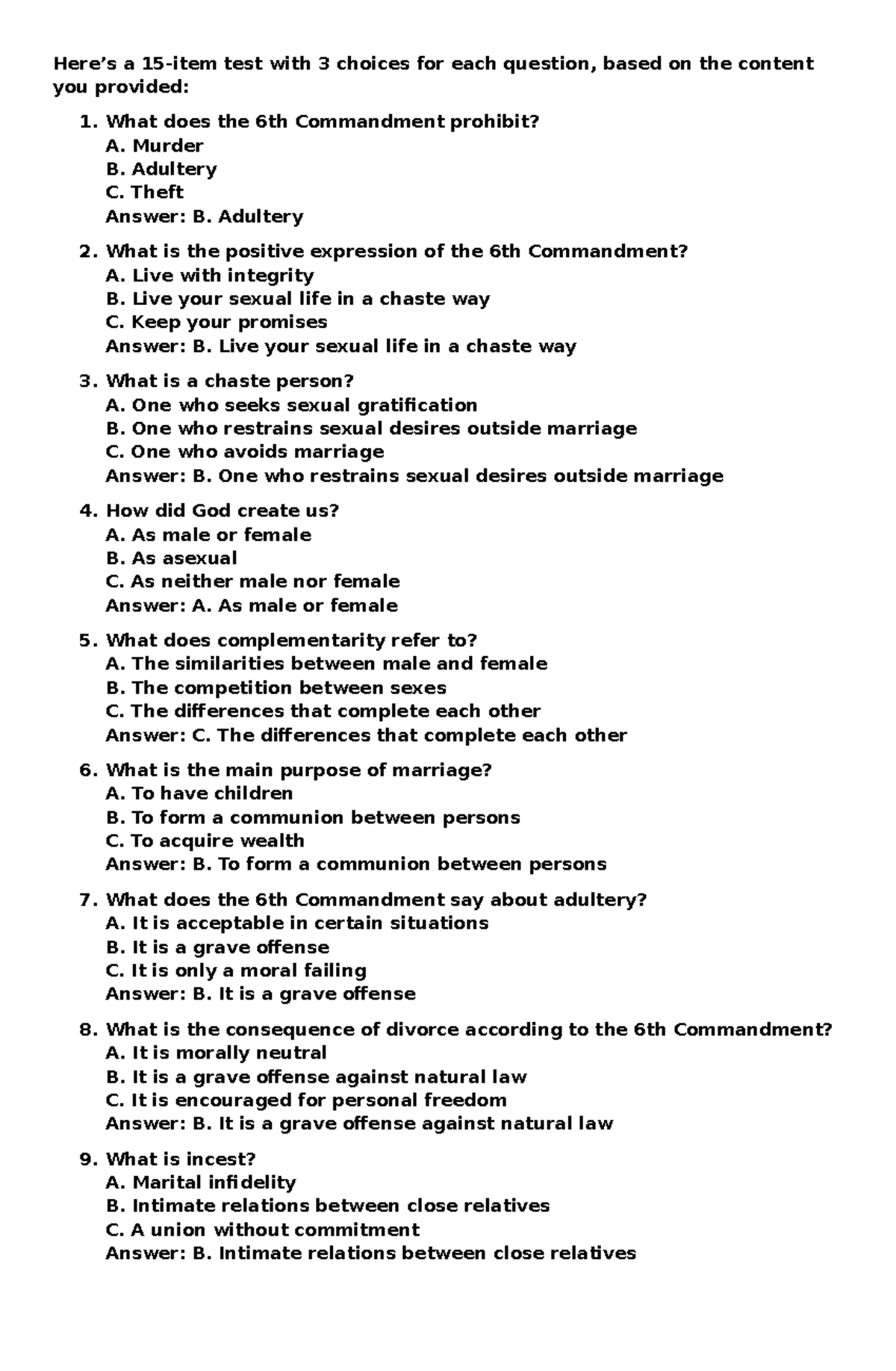 6th Commandment Quiz: Key Concepts & Answers Overview - Studocu