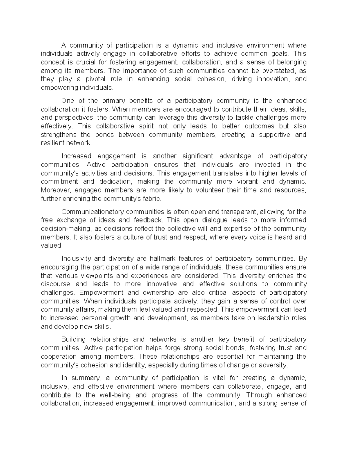 The Significance of Community Participation for Collective Growth - Studocu