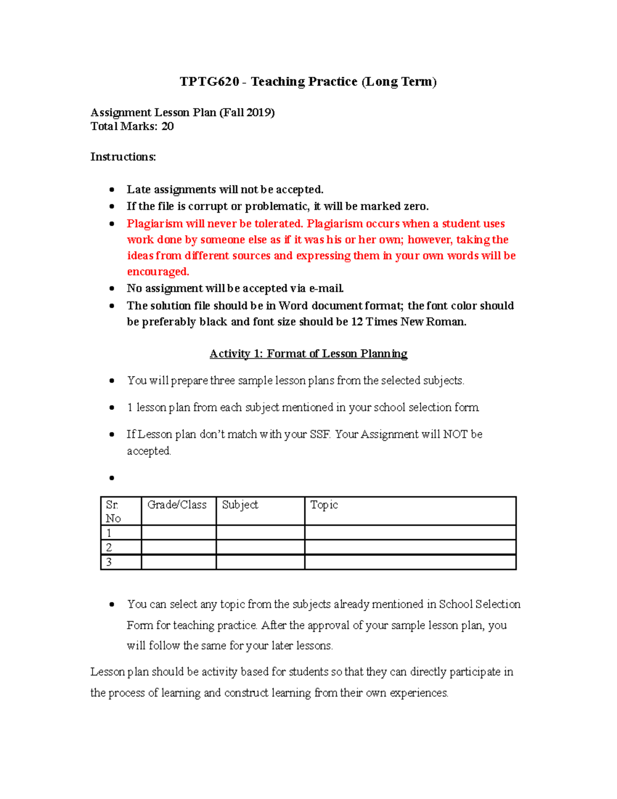 TPTG620 Teaching Practice Long Term Assignment: Lesson Plan Guide - Studocu