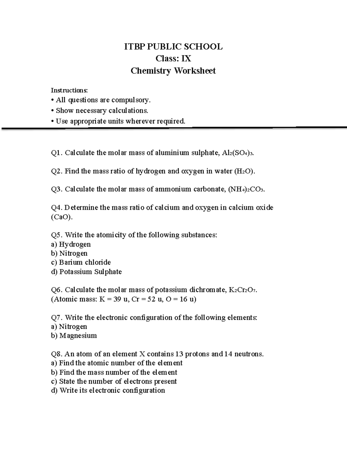 Class IX Chemistry Worksheet: Molar Mass & Atomic Structure - Studocu