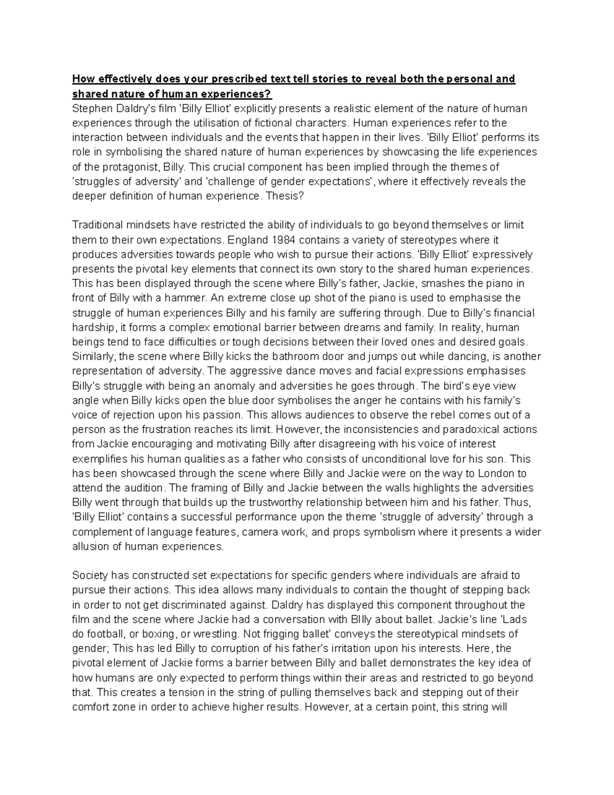 ENG 101: Analysis of Human Experience in "Billy Elliot" - Studocu
