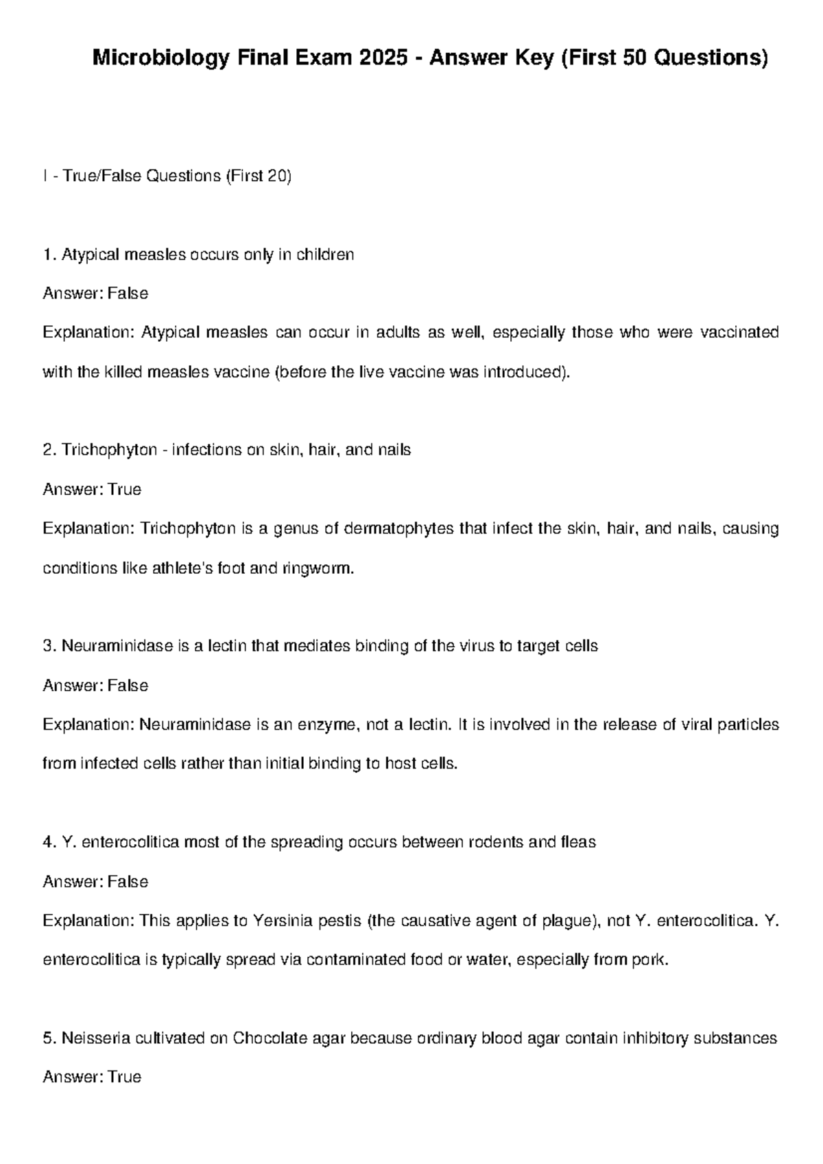 Microbiology Final Exam 2025 Answer Key: First 50 Questions - Studocu