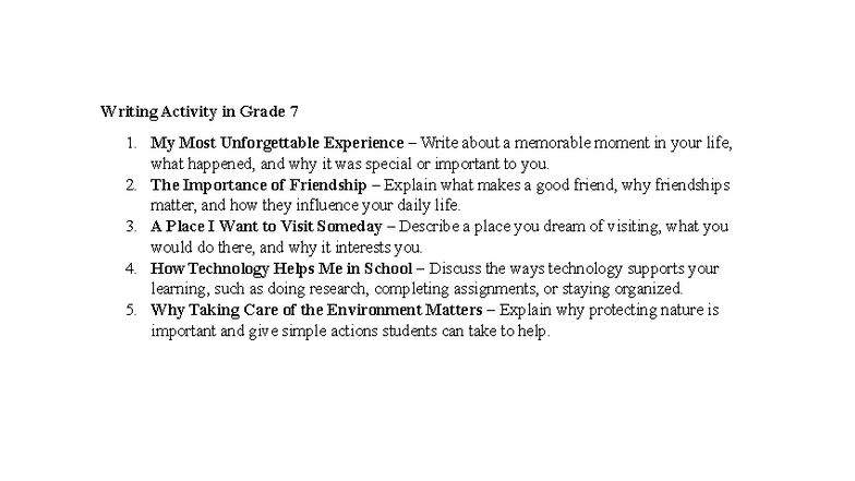 Grade 7 Writing Activity: Memorable Moments & Friendships - Studocu
