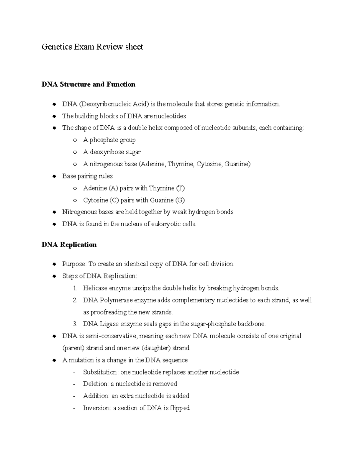 Genetics Exam Review Sheet for Bio 101: DNA & Protein Synthesis - Studocu
