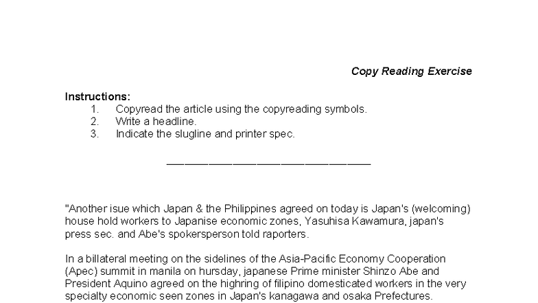 Copy Reading Exercise - English (ENG 101) - Studocu