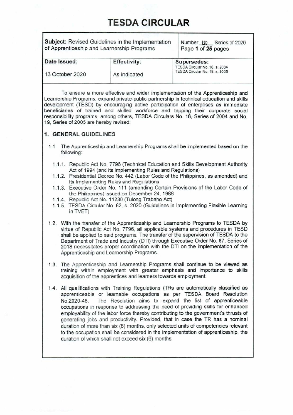 TESDA Circular No. 120-2020: Revised Guidelines for Apprenticeship ...
