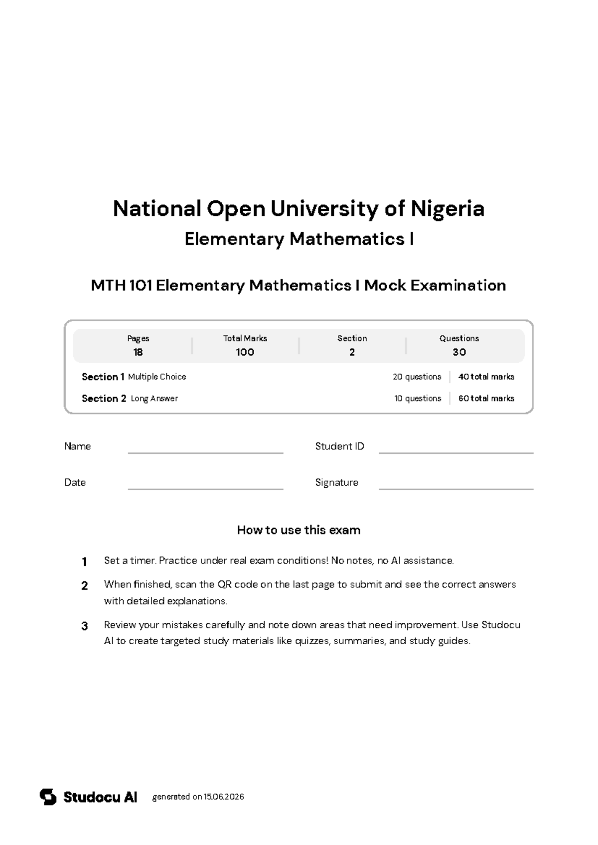 MTH 101 Mock Exam: Elementary Mathematics I - Studocu