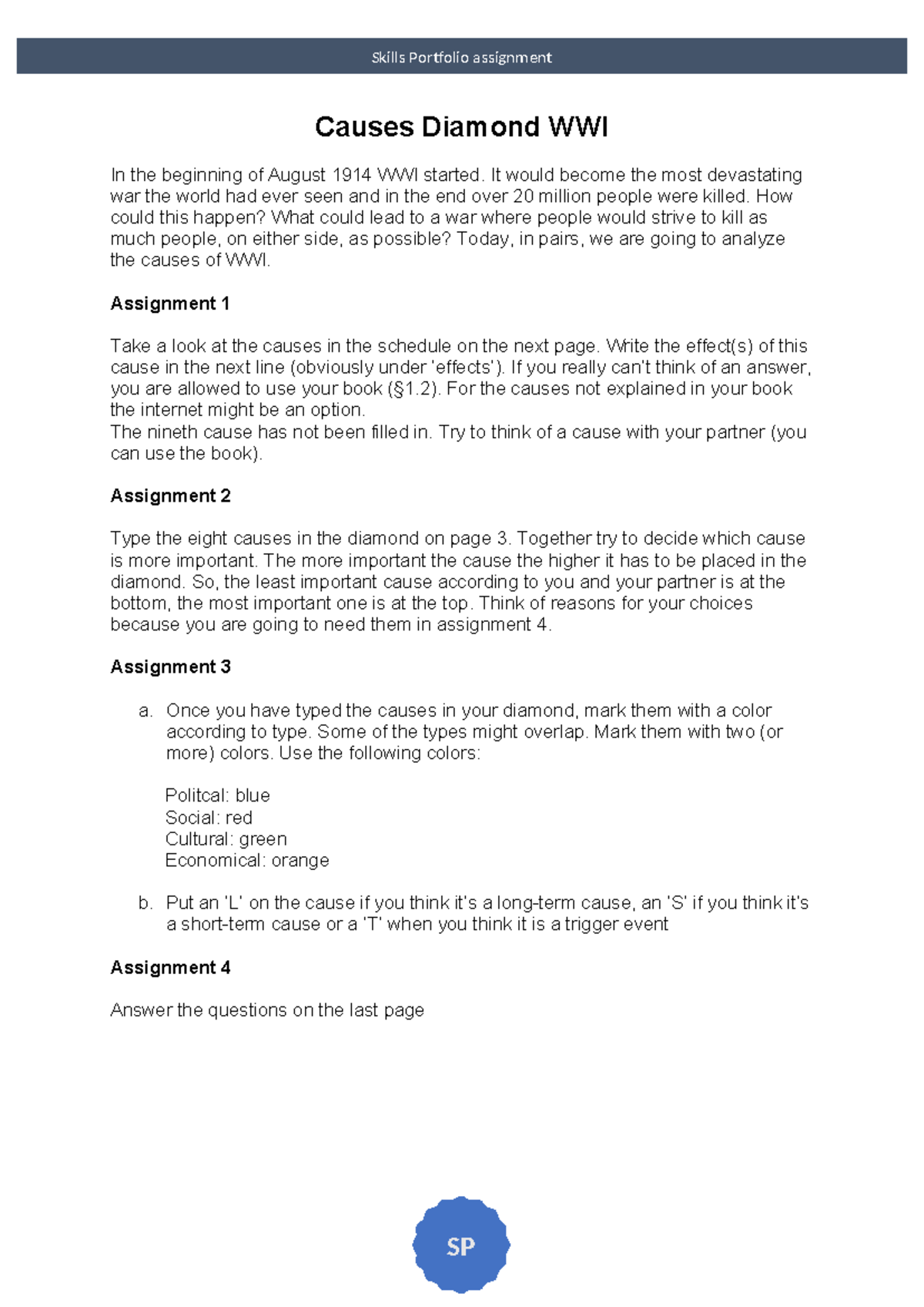 Causes of WWI: Analysis and Assignment Diamond Portfolio - Studeersnel