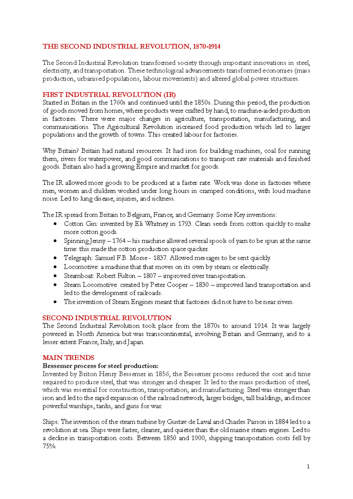 Study Notes on the Second Industrial Revolution (HIST 201) - Studocu