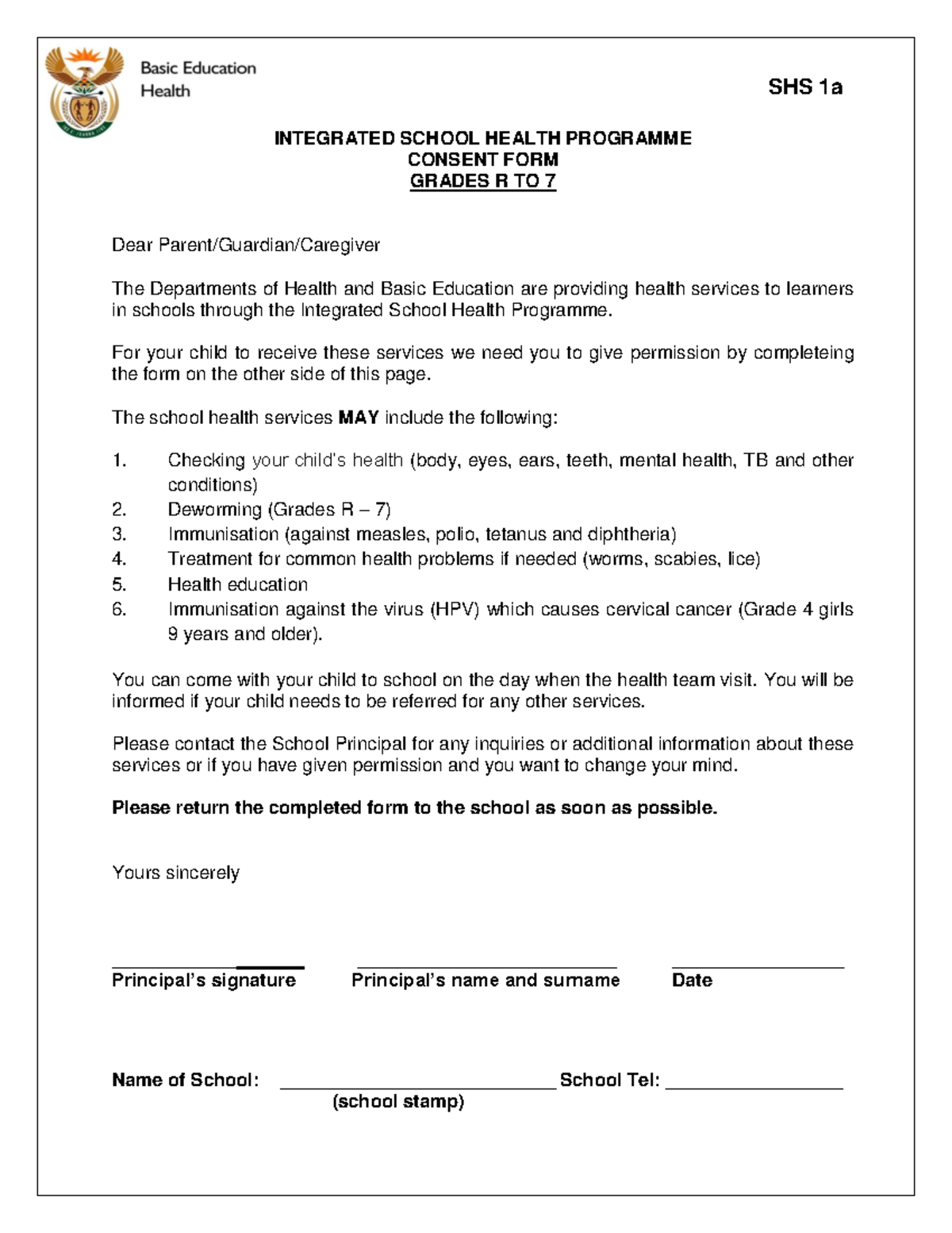 ISHP Consent Form for Primary Schools (Grades R-7) - Revised 2015 - Studocu