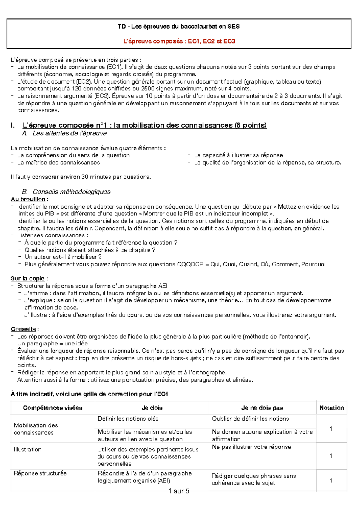 Méthodologie pour l'épreuve composée: EC1, EC2 et EC3 du Bac SES - Studocu