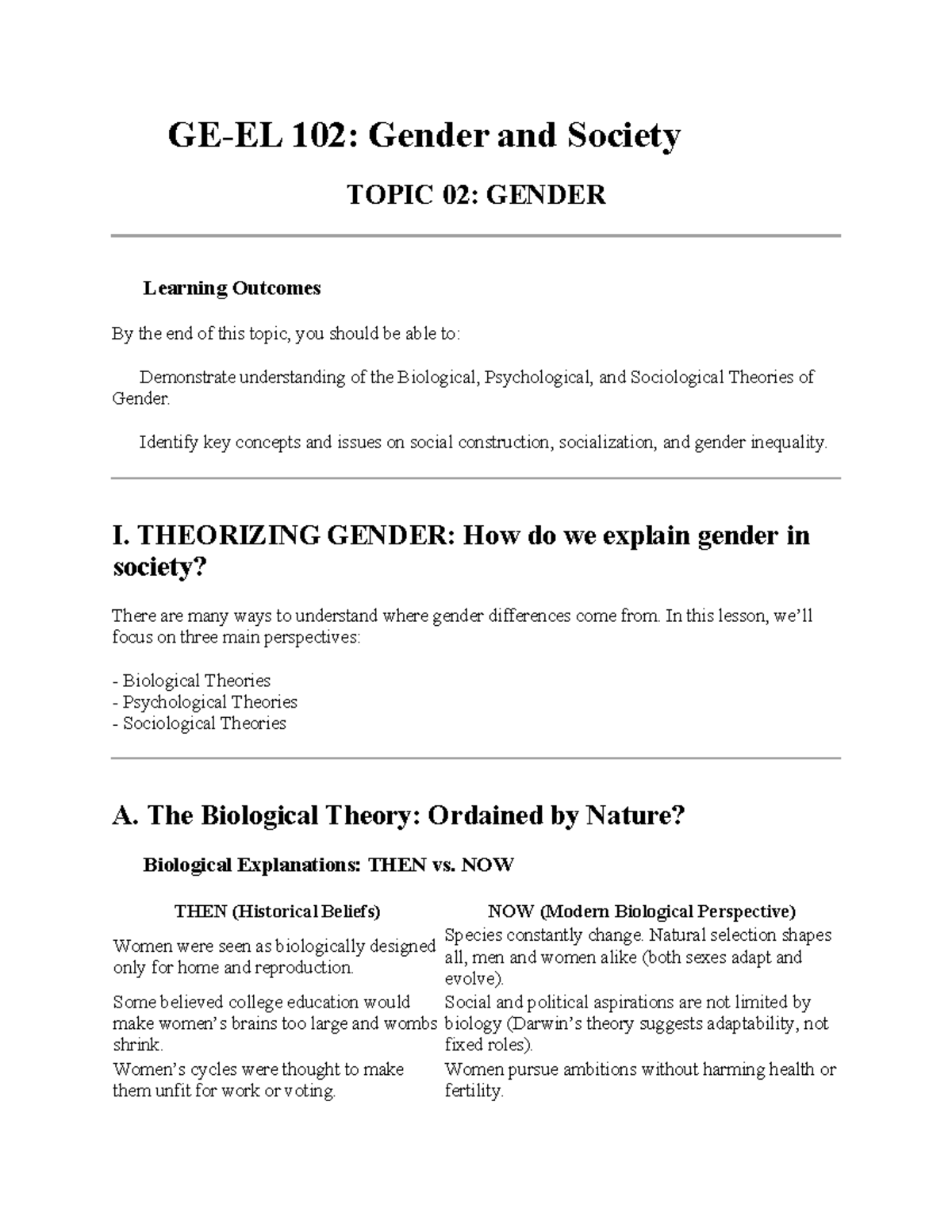 102: Gender and Society - Topic 02: Theories of Gender - Studocu