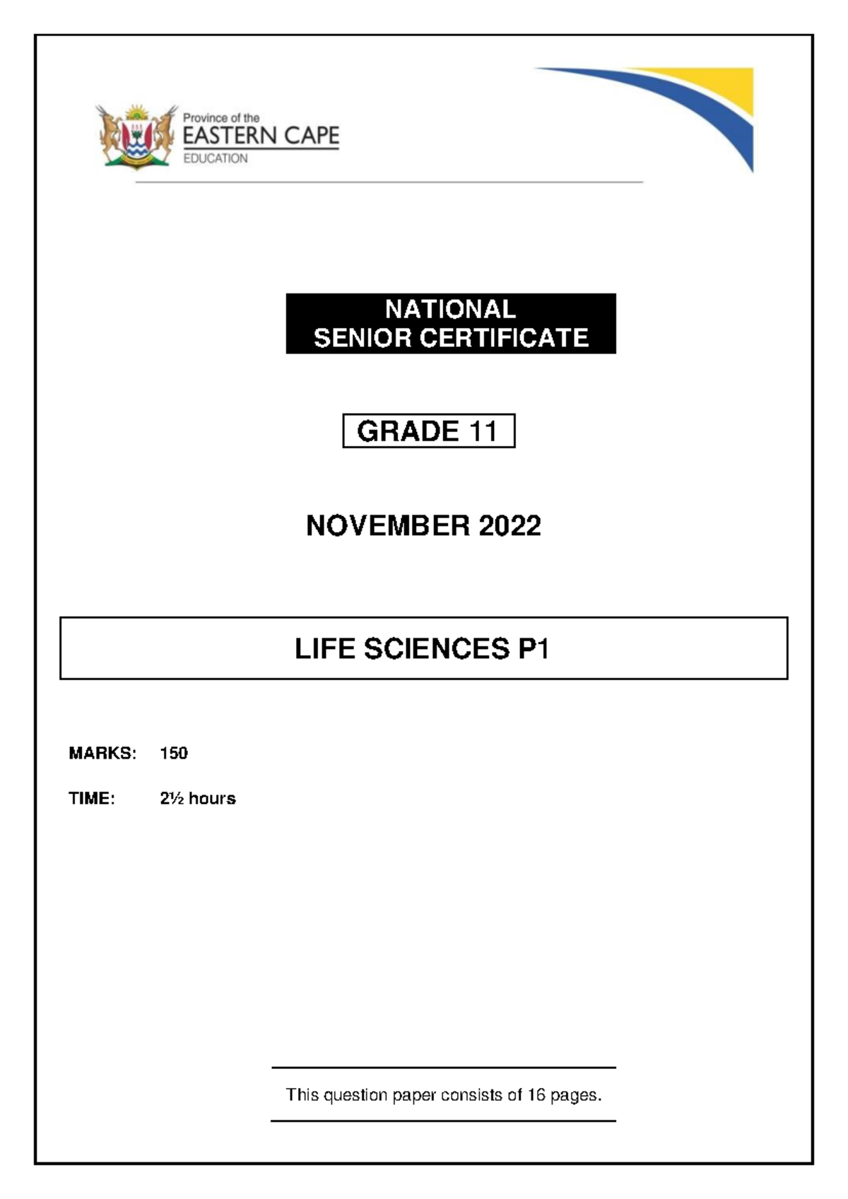 Nov 2022 Gr 11 Life Sciences P1 Exam Paper - Practical Insights - Studocu