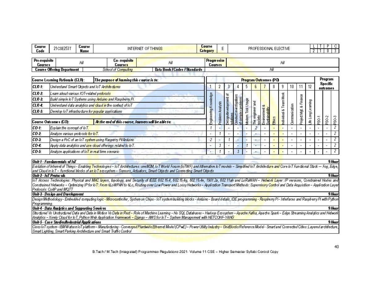 21CSE253T - Internet of Things Syllabus Overview and Key Concepts - Studocu