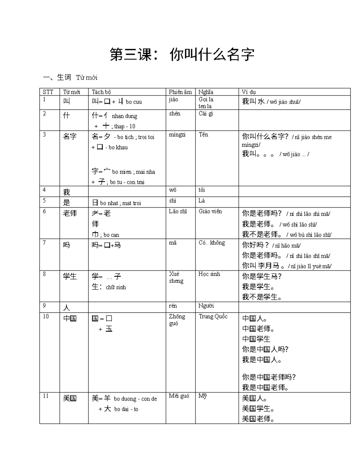 U3-Student's Notes - Bài 3 HSK1 Vocabulary and Phrases - Studocu