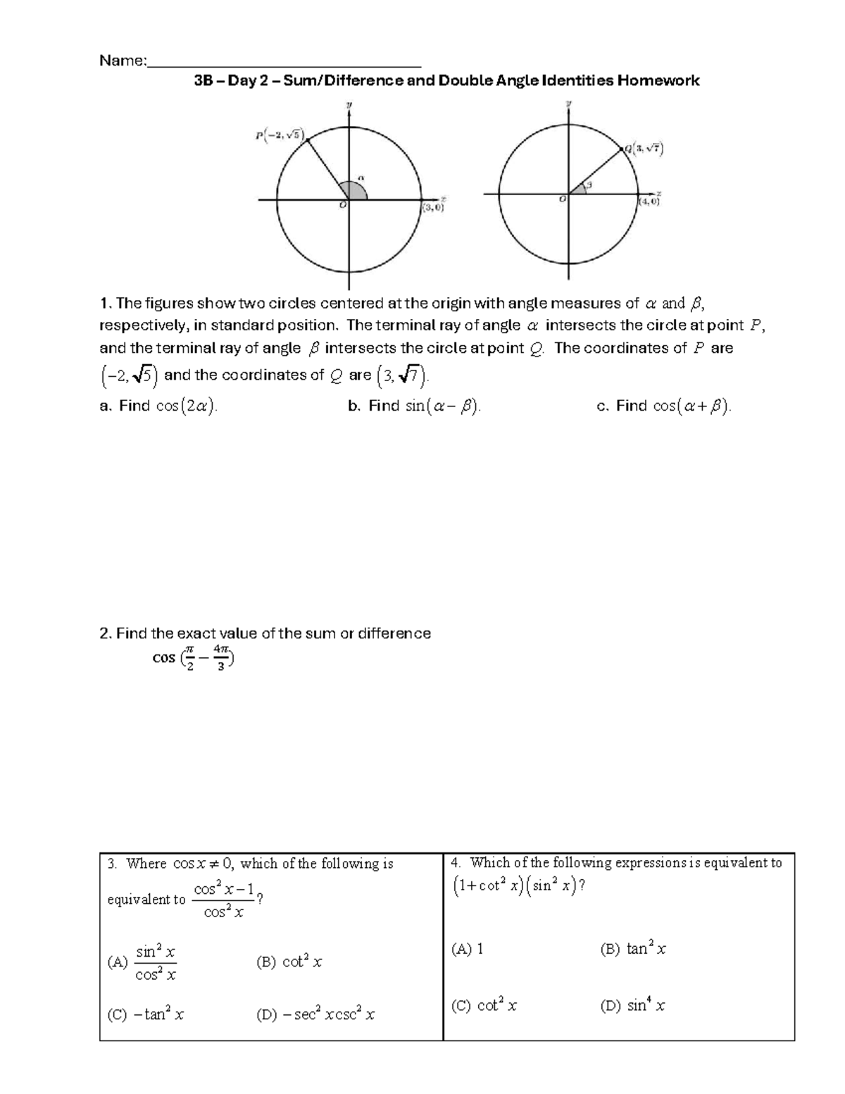 3B.2 - Double Angle & Sum/Difference Identities Homework - Studocu