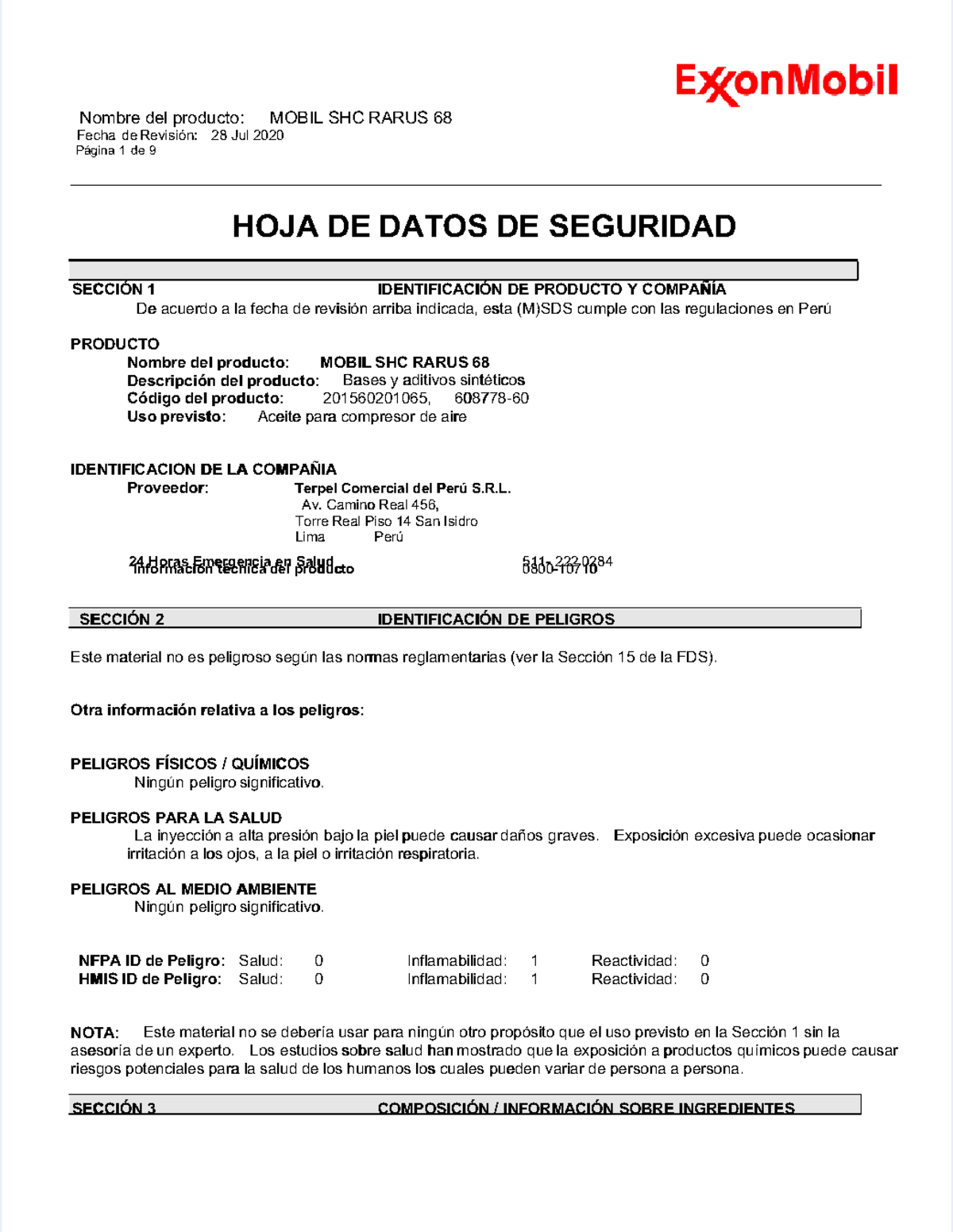 Mobil SHC Rarus 68 - Hoja de Datos de Seguridad (M)SDS - Studocu