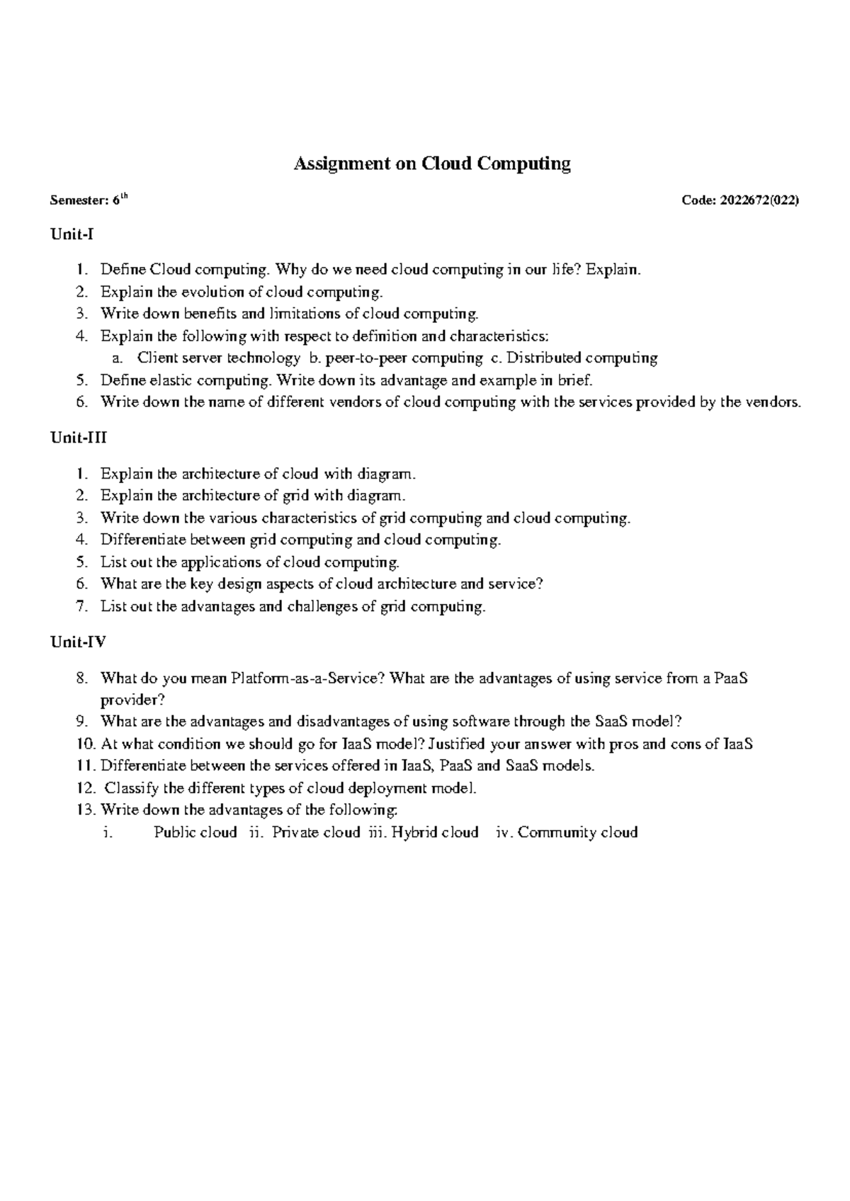 Assignment on Cloud Computing: CC 2022672(022) U-1, U-3 & U-4 - Studocu