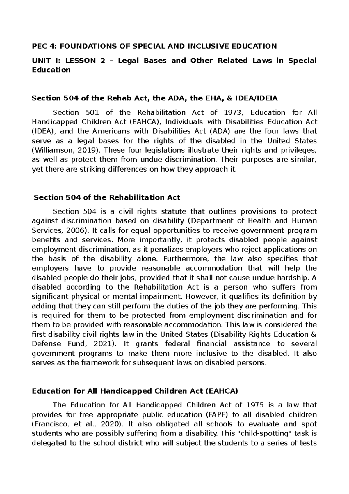 PEC 4 (UNIT I - Lesson 2) - Legal Foundations in Special Education ...