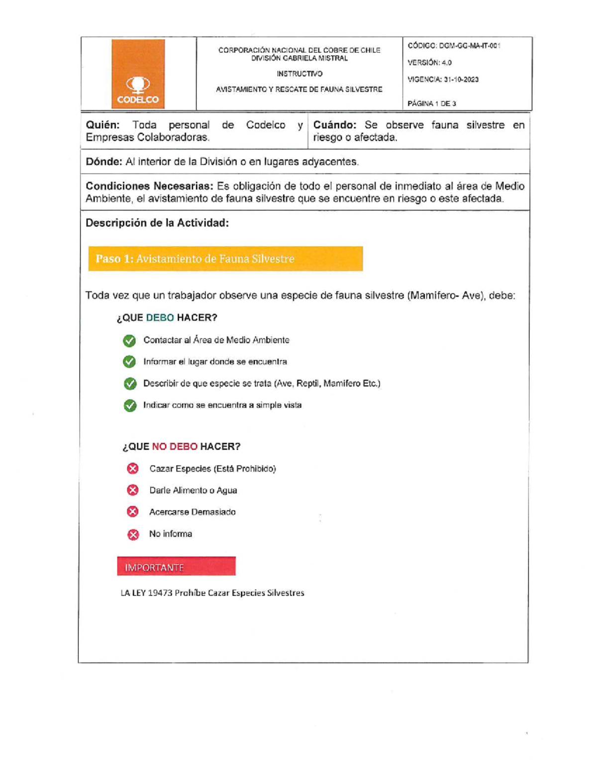 DGM-GG-MA-IT-001 Instructivo: Avistamiento y Rescate de Fauna Silvestre ...
