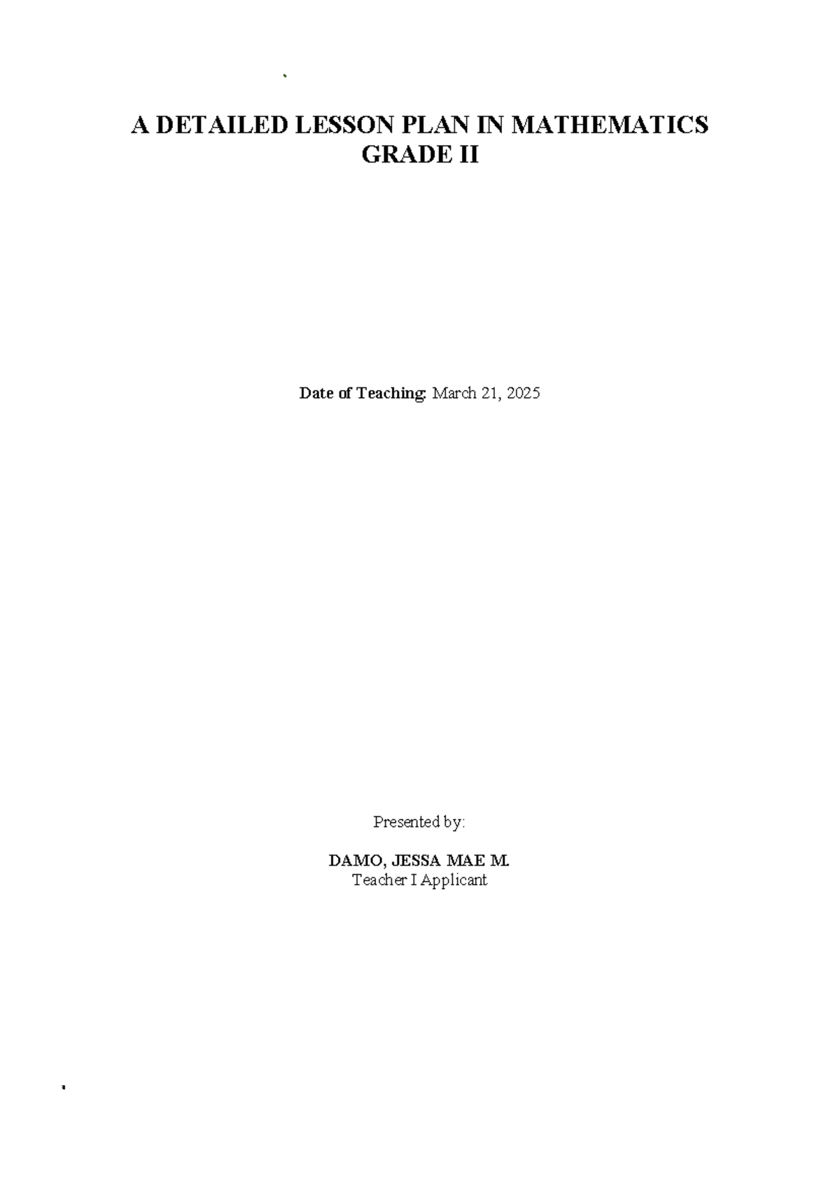 Grade II Mathematics Detailed Lesson Plan: Addition without Regrouping ...