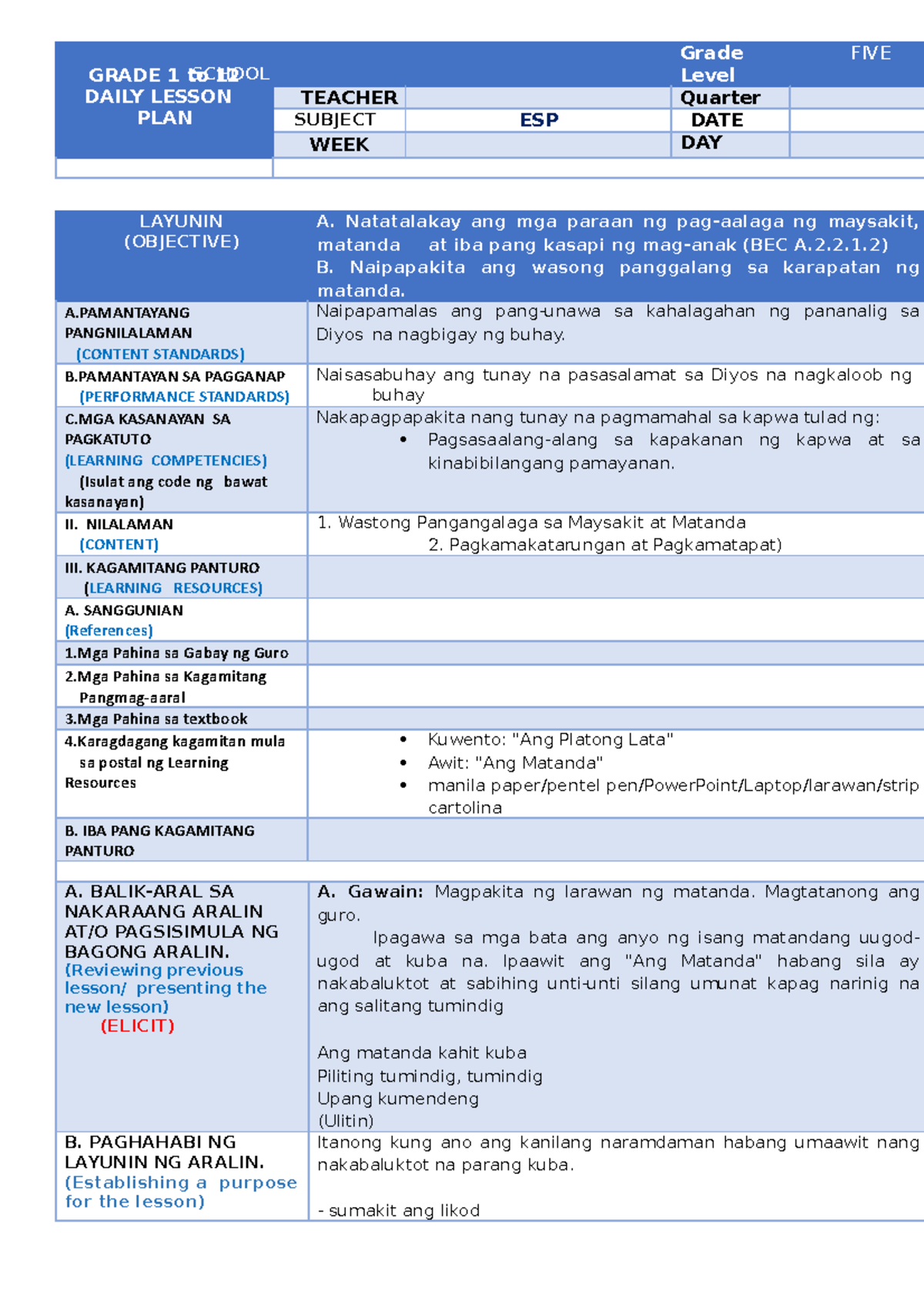 ESP-5-COT - Daily Lesson Plan on Caring for the Elderly and Sick - Studocu