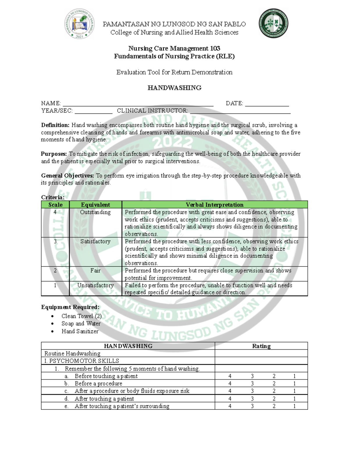 PAMANTASAN NG LUNGSOD NG SAN PABLO Nursing Care Management 103 RLE ...