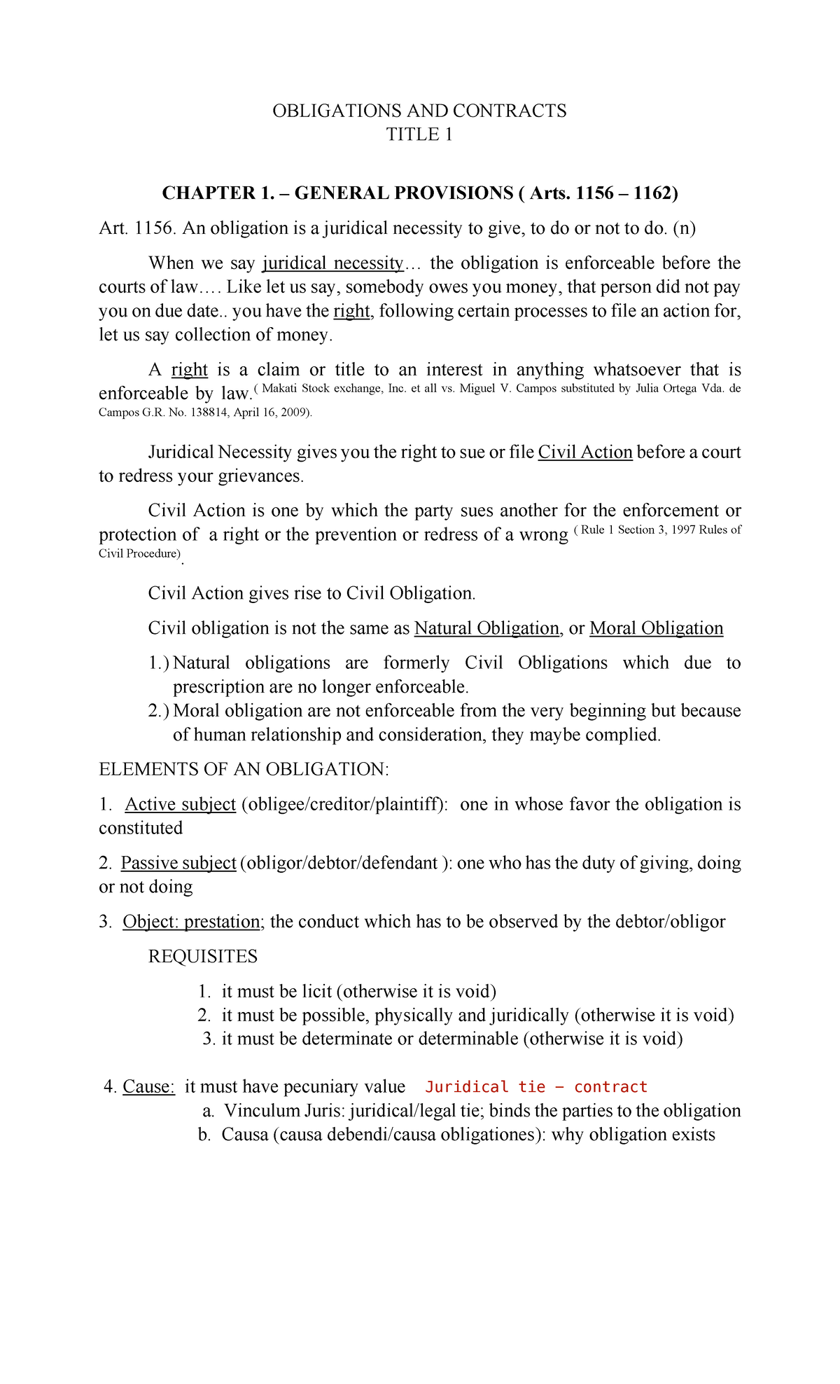 OBLIGATIONS AND CONTRACTS (OBLIG 101) PRELIMINARY LECTURE NOTES - Studocu