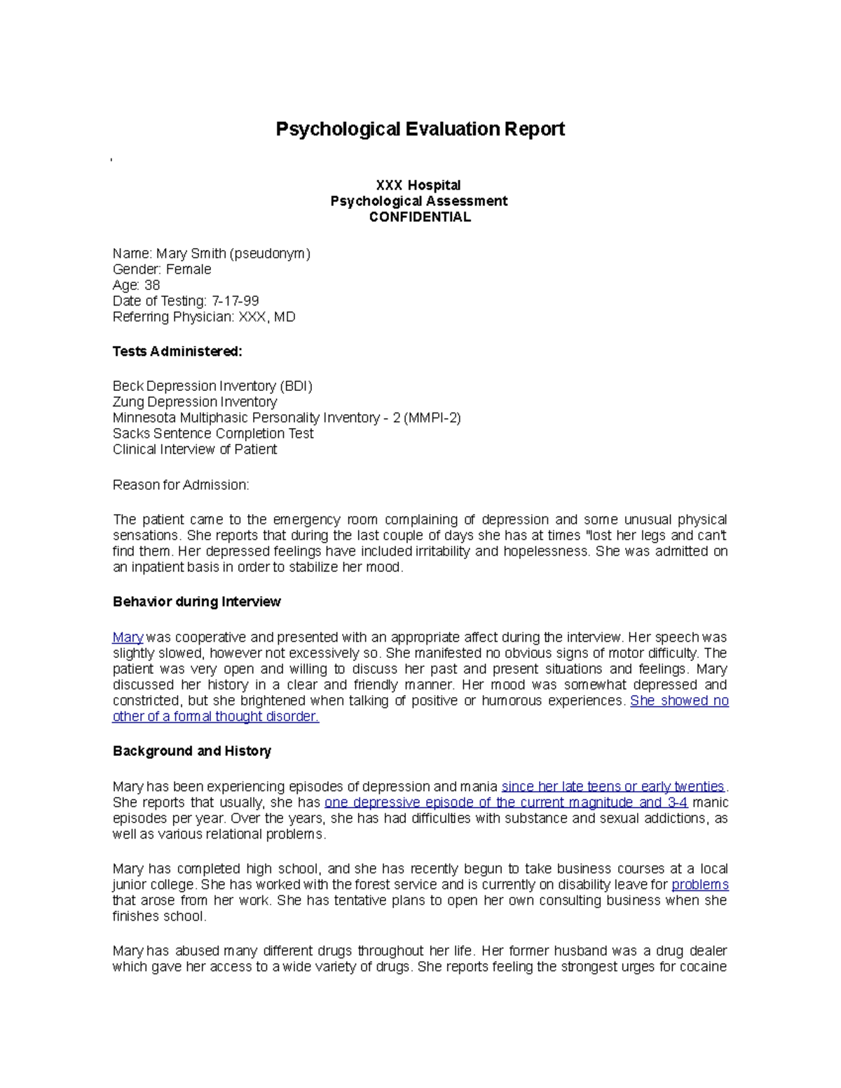 Psych Evaluation Report For Mary Smith Case Study Summary Studocu