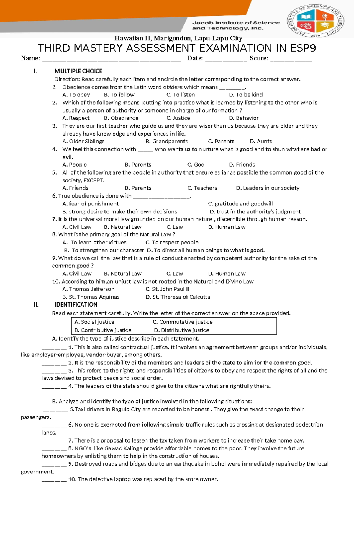 ESP9 Third Mastery Assessment Exam: Understanding Obedience and Justice ...