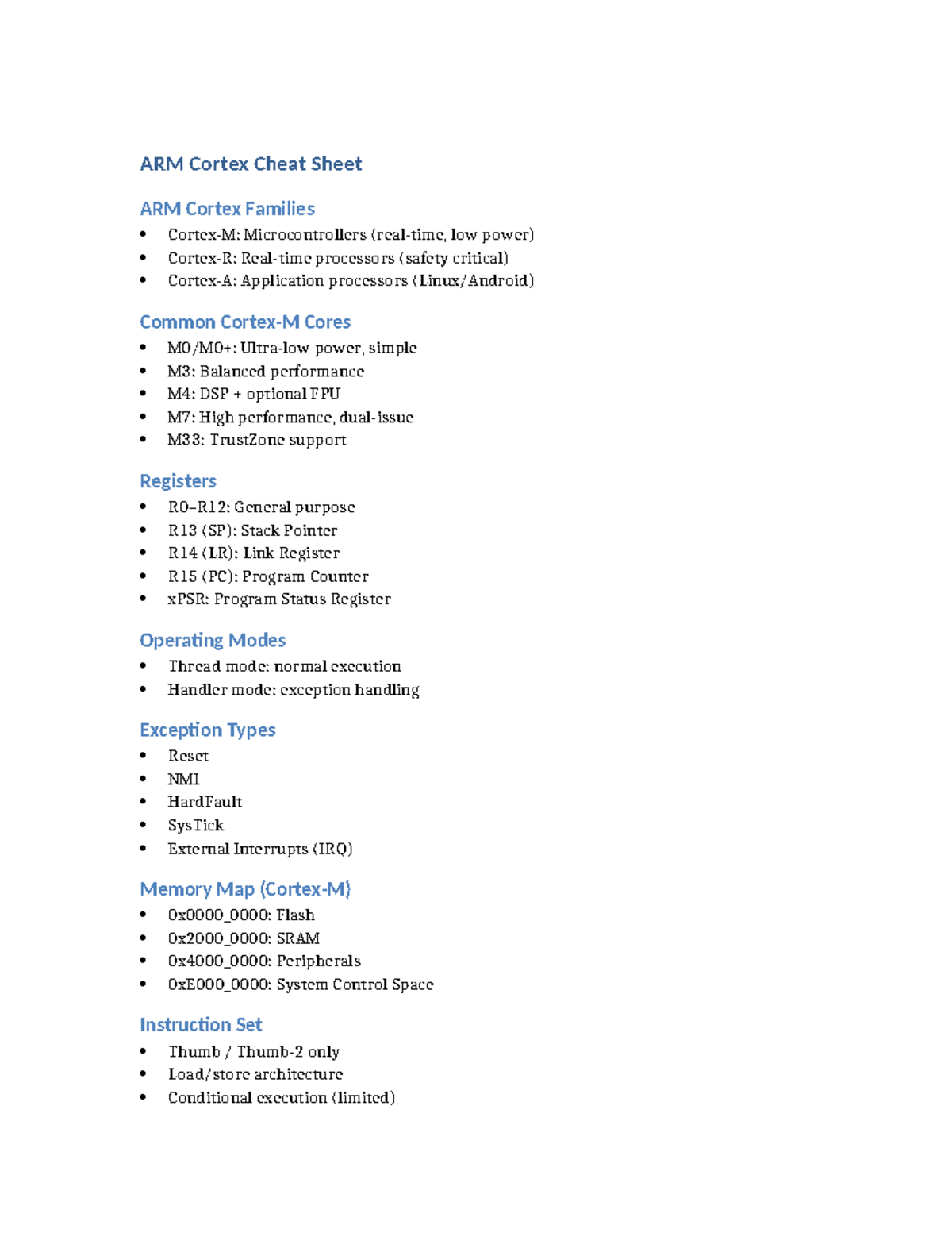ARM Cortex Cheat Sheet for VHDL: Key Features & Registers - Studocu